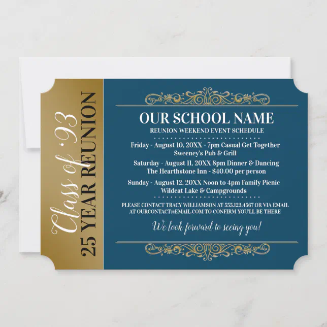 Ticket Style Blue/Gold Class Reunion Invitation | Zazzle