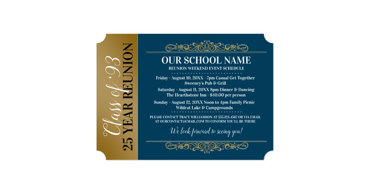 Ticket Style Blue/Gold Class Reunion Invitation | Zazzle.com
