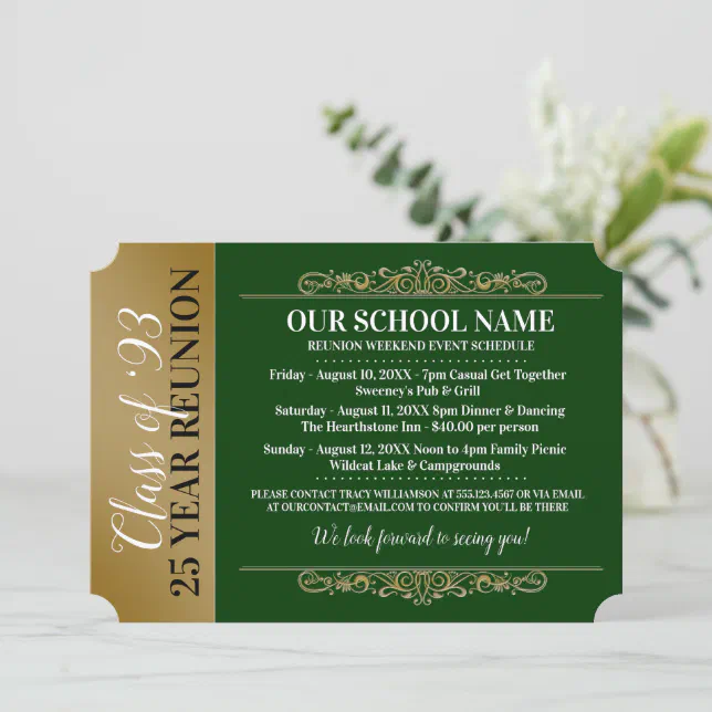 Ticket Style Green/Gold Class Reunion Invitation | Zazzle