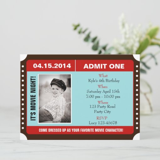 Ticket Style Invitation with Photo - Blue Red | Zazzle