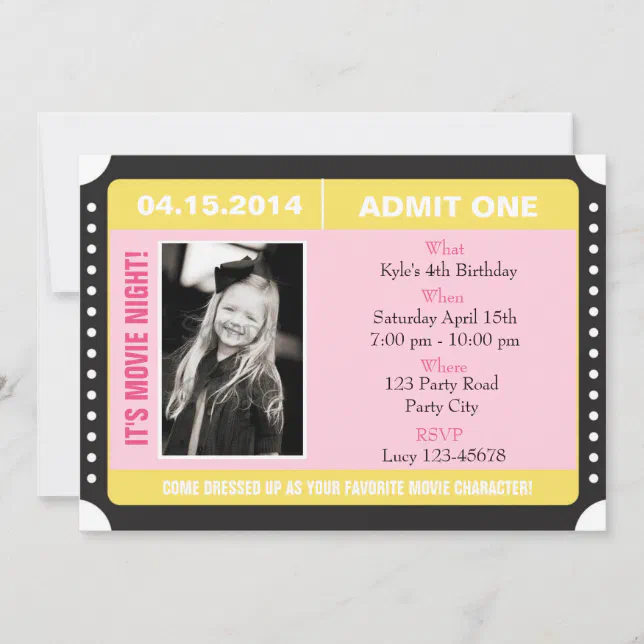 Ticket Style Invitation with Photo - Yellow Pink | Zazzle