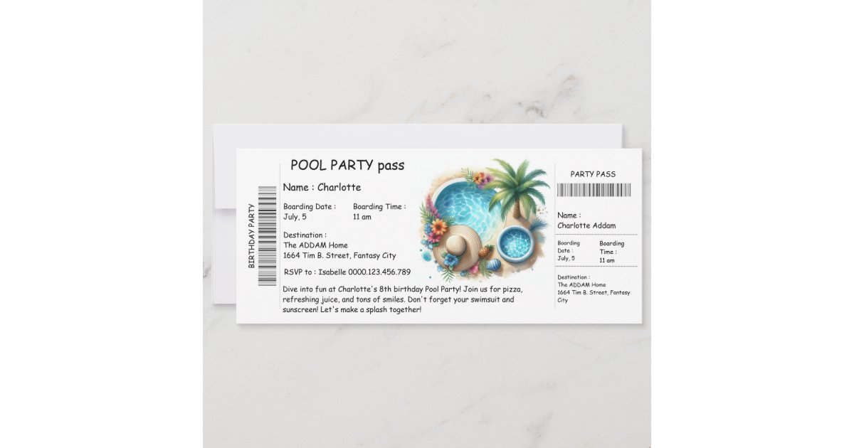 Ticket-Style Pool Party Invitation – Birthday Bash | Zazzle