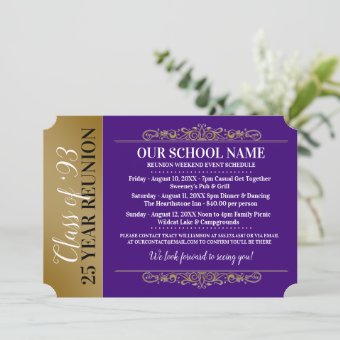 Ticket Style Purple/Gold Class Reunion Invitation | Zazzle
