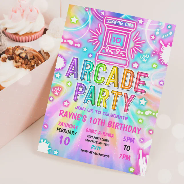 Tie Dye Neon Retro Arcade Gaming Birthday Party Invitation | Zazzle