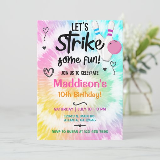 TieDye bowling strike Girl Birthday invite. Invitation | Zazzle