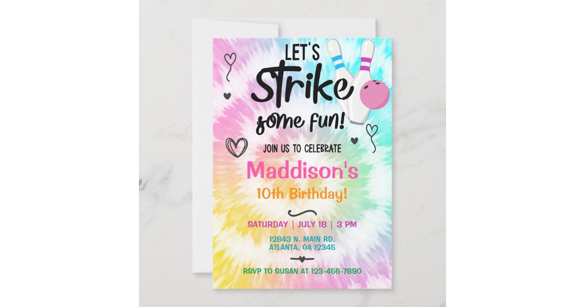 TieDye bowling strike Girl Birthday invite. Invitation | Zazzle
