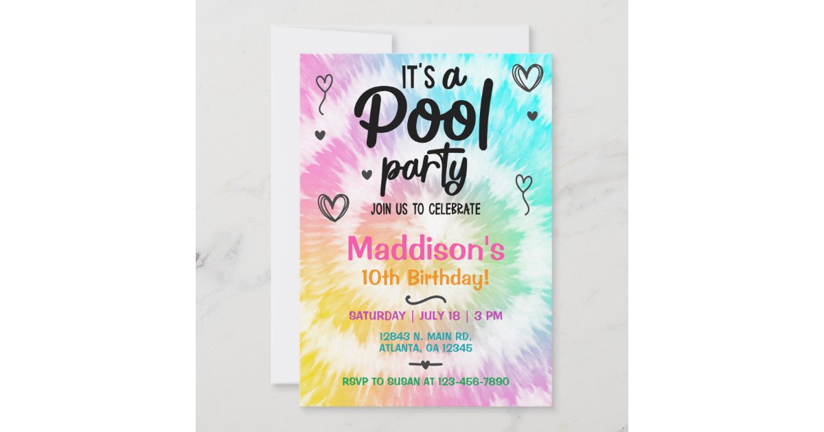 TieDye pool party Girl Birthday invite. Invitation | Zazzle