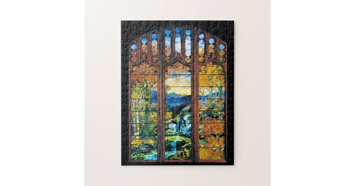 Tiffany Stained Glass Window Fall Landscape Puzzle | Zazzle