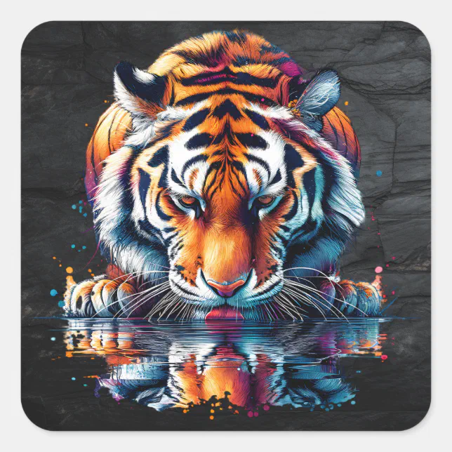 Tiger looking at Reflection in Water Square Sticker | Zazzle