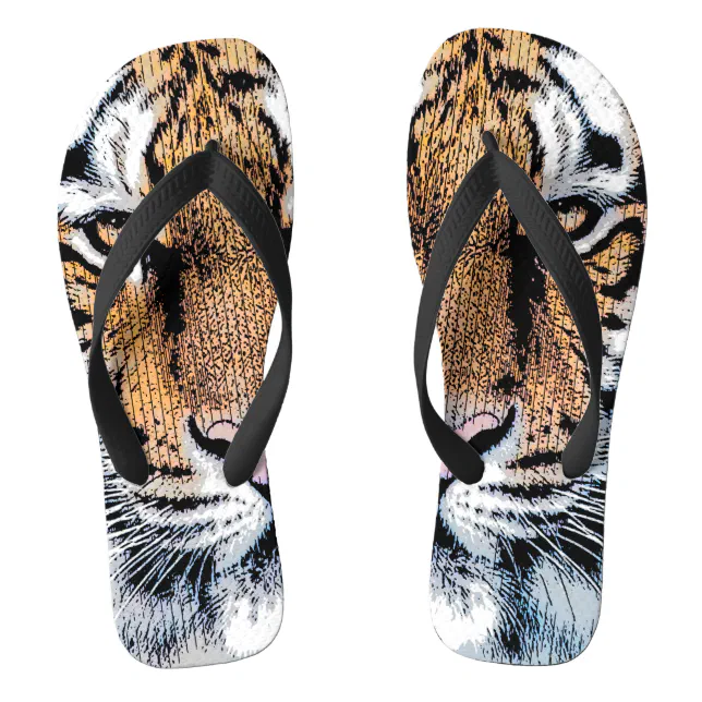 Tiger Portrait in Graphic Press Style Flip Flops | Zazzle