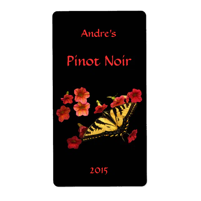 Tiger Swallowtail on Red Floral Wine Label | Zazzle