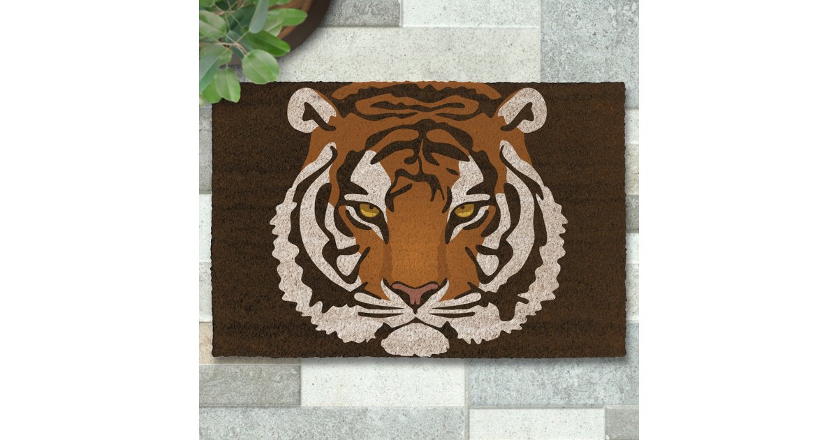 Tiger, Wild Cat on Black Fiber Doormat | Zazzle