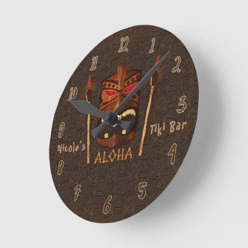 Tiki ALOHA Bar Tropical Custom Personalized Round Clock | Zazzle