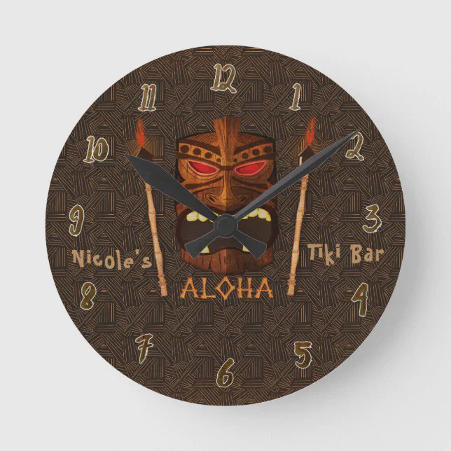 Tiki ALOHA Bar Tropical Custom Personalized Round Clock | Zazzle