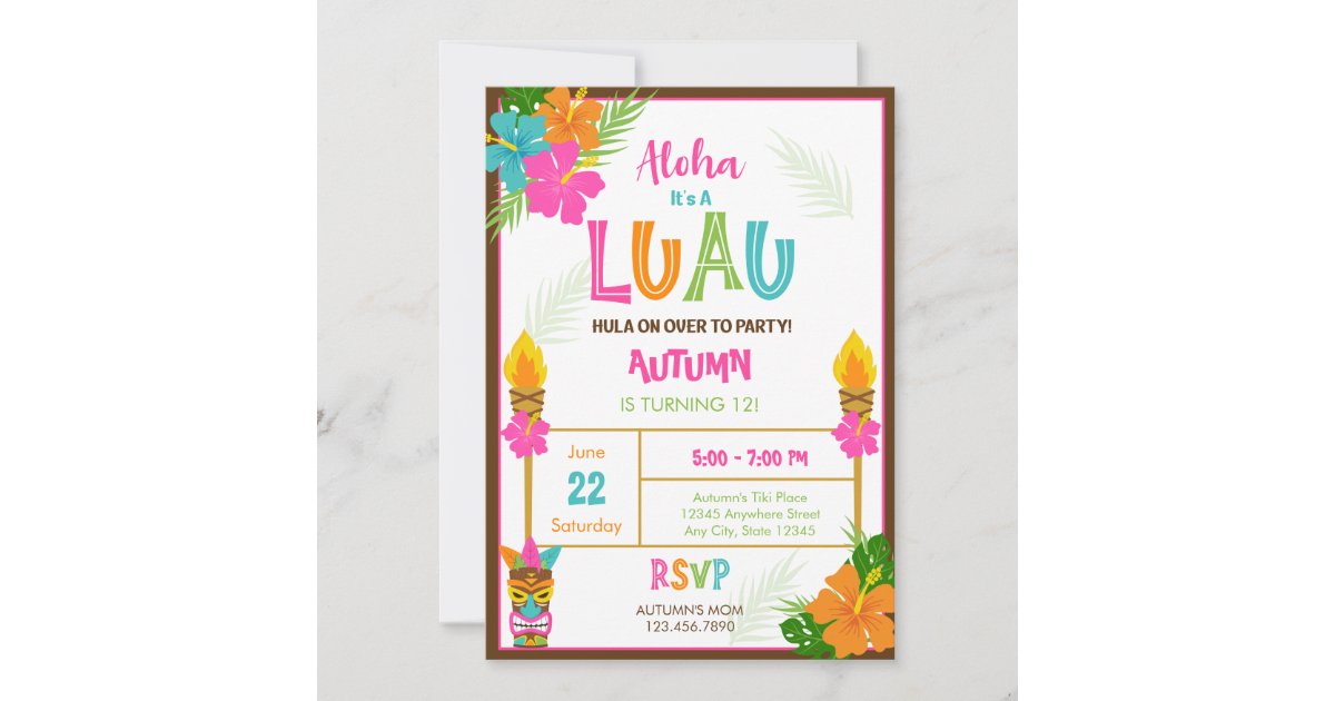Tiki Aloha Luau Hawaiian Tropical Summer Birthday Invitation | Zazzle