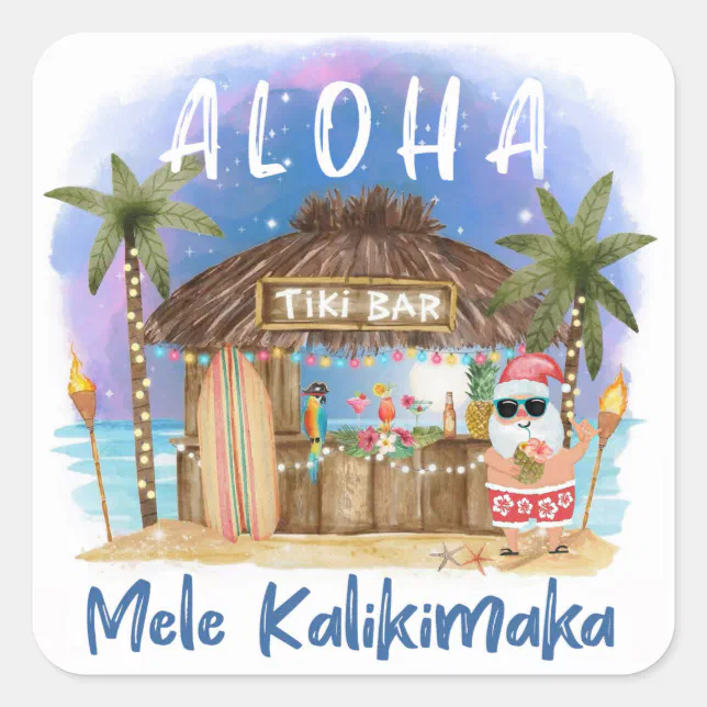 Tiki Beach Bar | Tropical Mele Kalikimaka Santa Square Sticker | Zazzle