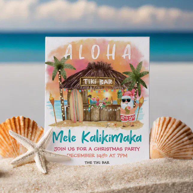 Tiki Beach Bar Tropical Santa Christmas Party Invitation | Zazzle