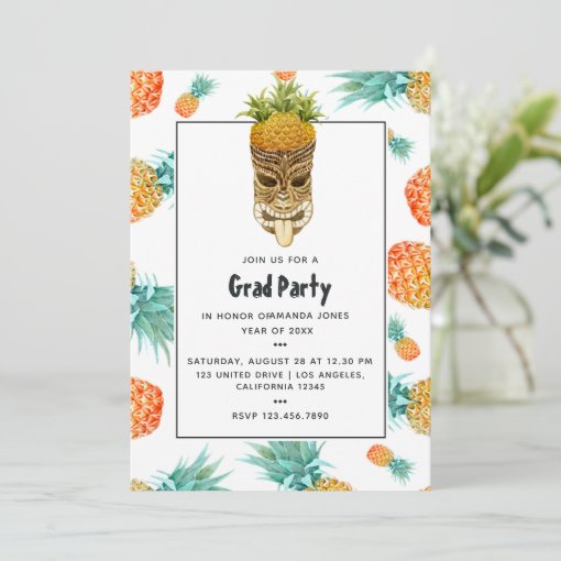 Tiki Luau Summer Pineapple Beach Graduation Party Invitation | Zazzle