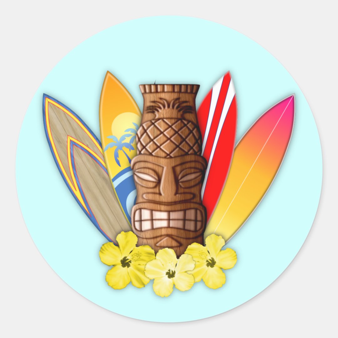 Tiki Mask And Surfboards Classic Round Sticker | Zazzle