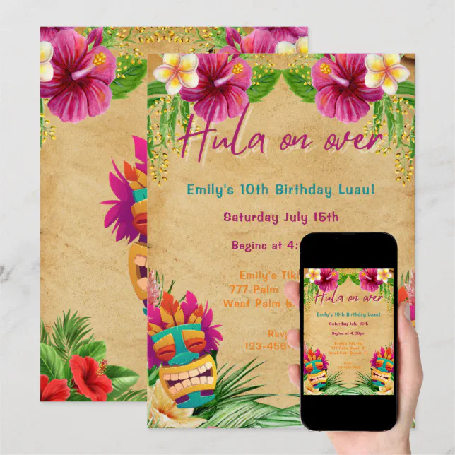 Tiki Tropical Hawaiian Luau Hula on Over Birthday Invitation | Zazzle
