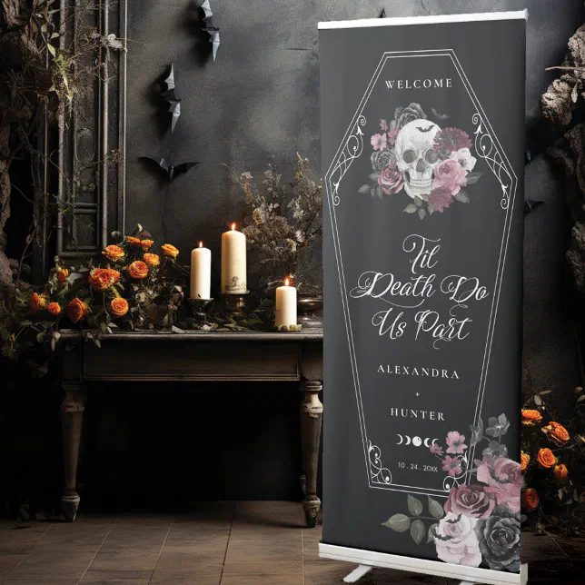 Til Death Do Us Part Halloween Gothic Floral Skull Retractable Banner ...