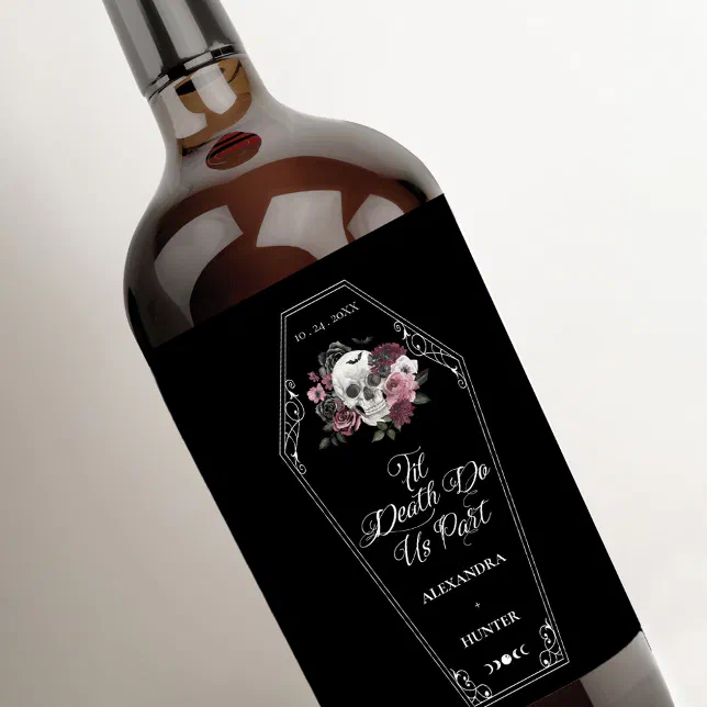 Til Death Do Us Part Halloween Gothic Floral Skull Wine Label | Zazzle
