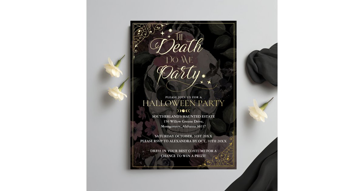 Til Death Do We Party Gothic Skull Halloween Foil Invitation | Zazzle