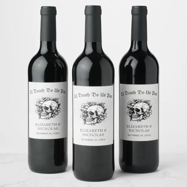 Til Death Gothic Floral Skull Halloween Wedding Wine Label | Zazzle
