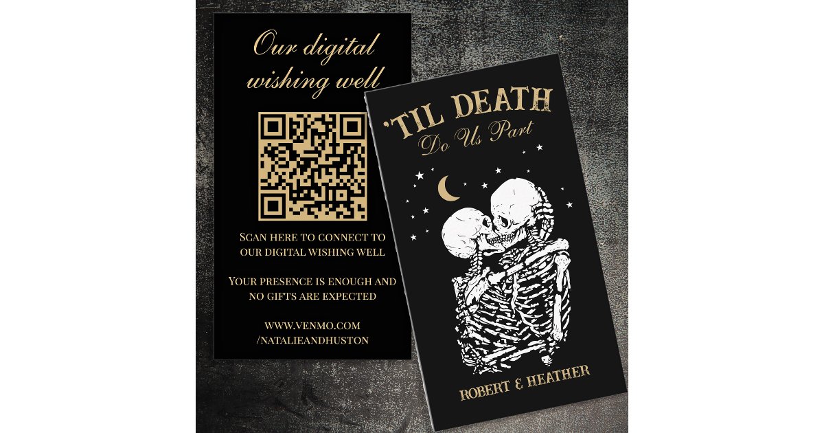 Til Death Skeleton Goth Wedding Registry QR Code Enclosure Card | Zazzle