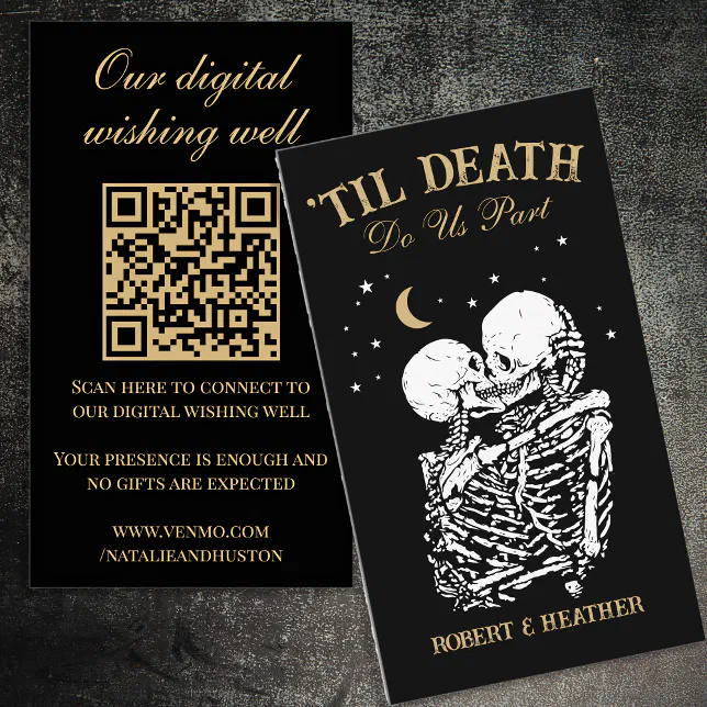 Til Death Skeleton Goth Wedding Registry QR Code Enclosure Card | Zazzle