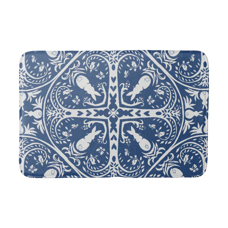 Tiled Dark Blue White Bunny Rabbit Bird Medallion Bath Mat | Zazzle
