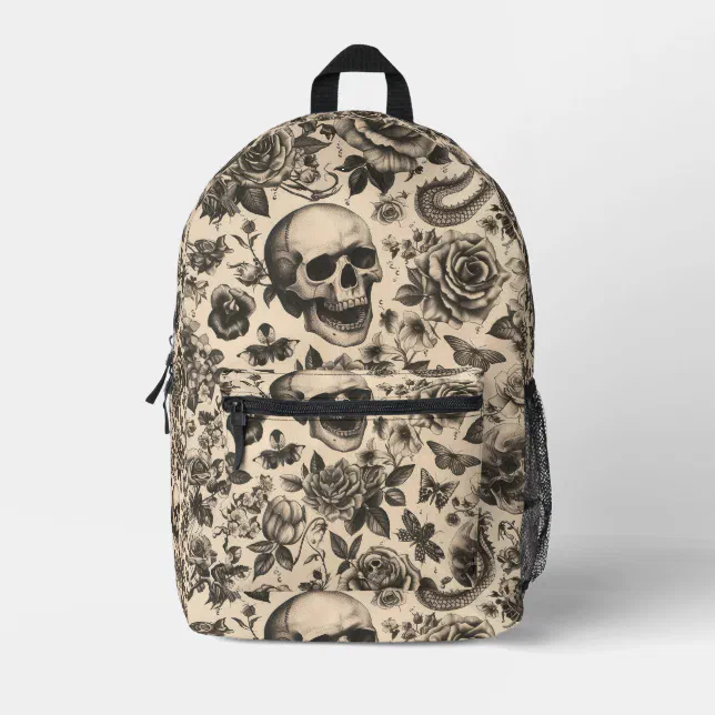 Tiled Skull and Flower Tattoo Pattern Printed Backpack | Zazzle