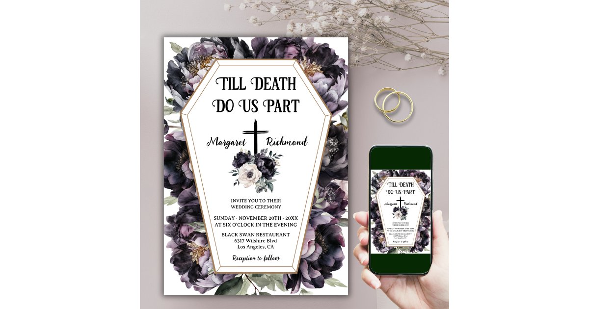 Till Death | Black Peonies Coffin Gothic Wedding Invitation | Zazzle
