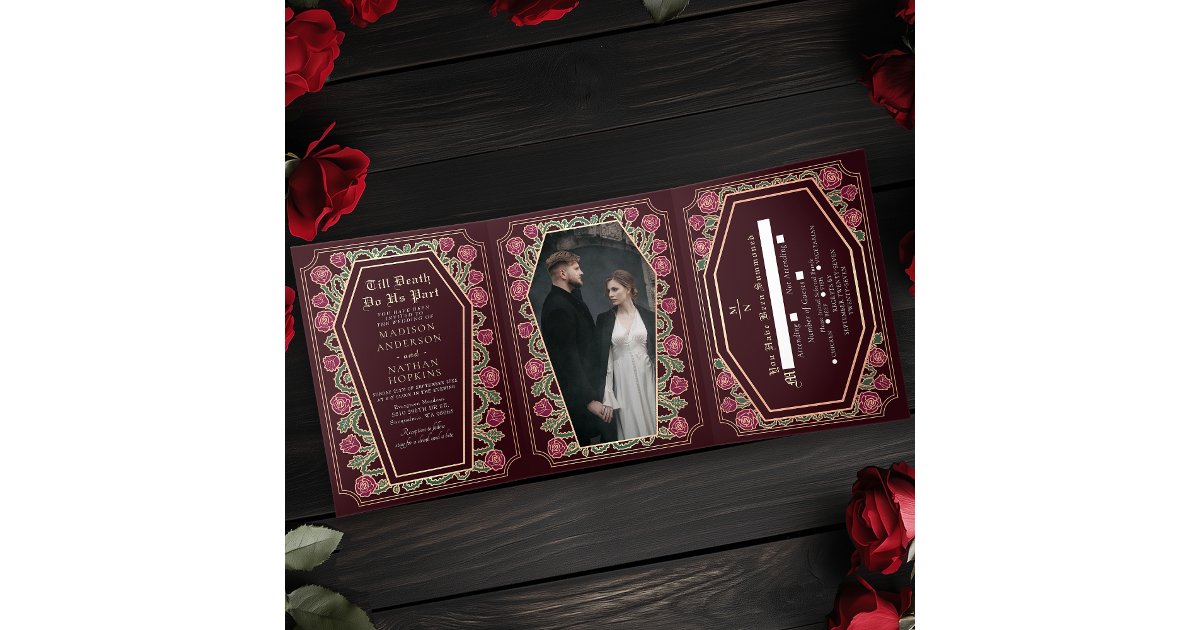 Till Death Do Us Part Rose Red Gothic Wedding Tri-Fold Invitation | Zazzle