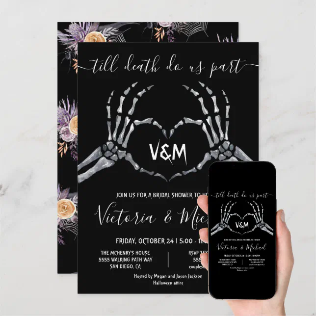 Till death do us Part Skeleton heart Hands Shower Invitation | Zazzle