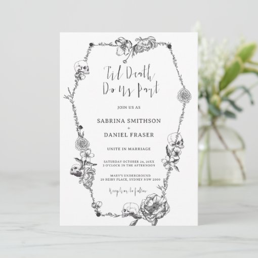 Till Death Gothic Hand drawn Flowers Skull Coffin Invitation | Zazzle