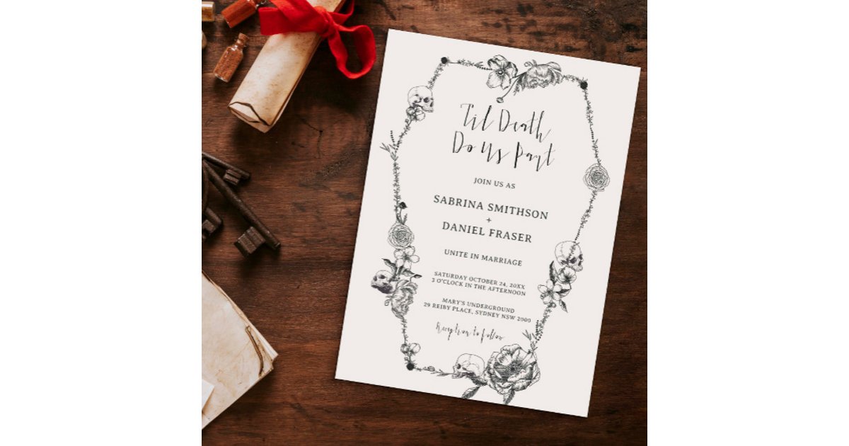 Till Death Gothic Hand drawn Flowers Skull Coffin Invitation | Zazzle