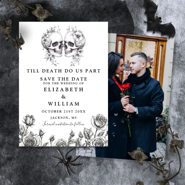 Till Death Gothic Skulls Floral Photo Wedding Save The Date | Zazzle