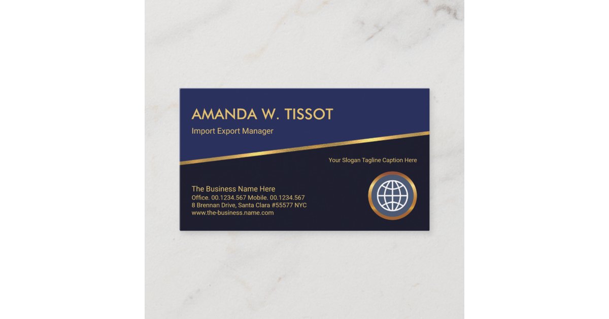 Tilting Gold Line Blue Shades Global Import Export Business Card | Zazzle