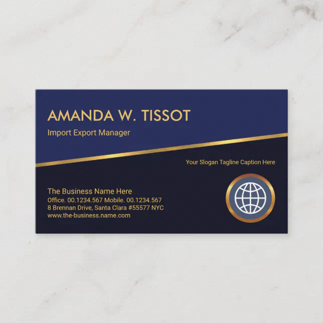 Tilting Gold Line Blue Shades Global Import Export Business Card | Zazzle