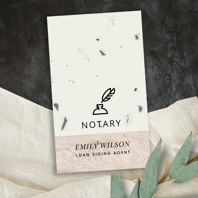 TIMBER WOOD GLAZED SPECKLED FEATHER NIB NOTARY BUSINESS CARD | Zazzle