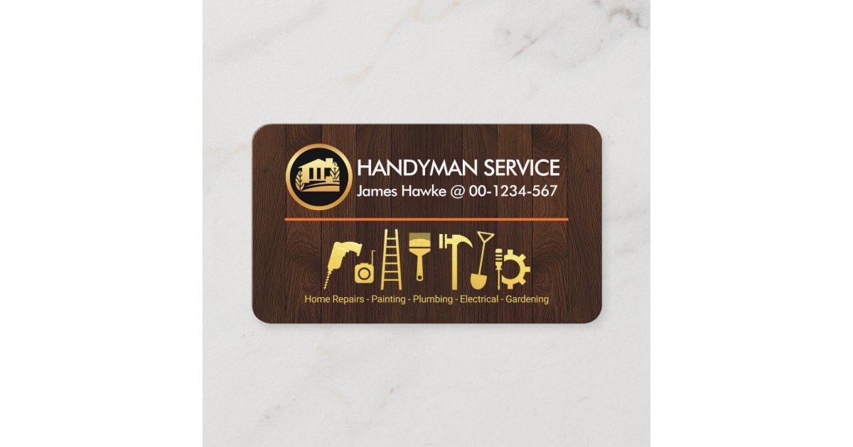 Timber Wood Gold Handyman Tools Business Card | Zazzle