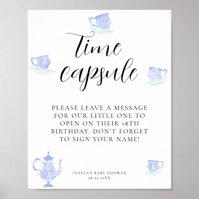 Time Capsule Baby Tea China Blue White Lace Poster | Zazzle
