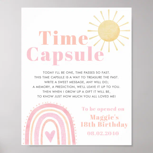 Time Capsule Pastel Rainbow Sun Girl 1st Birthday Poster | Zazzle