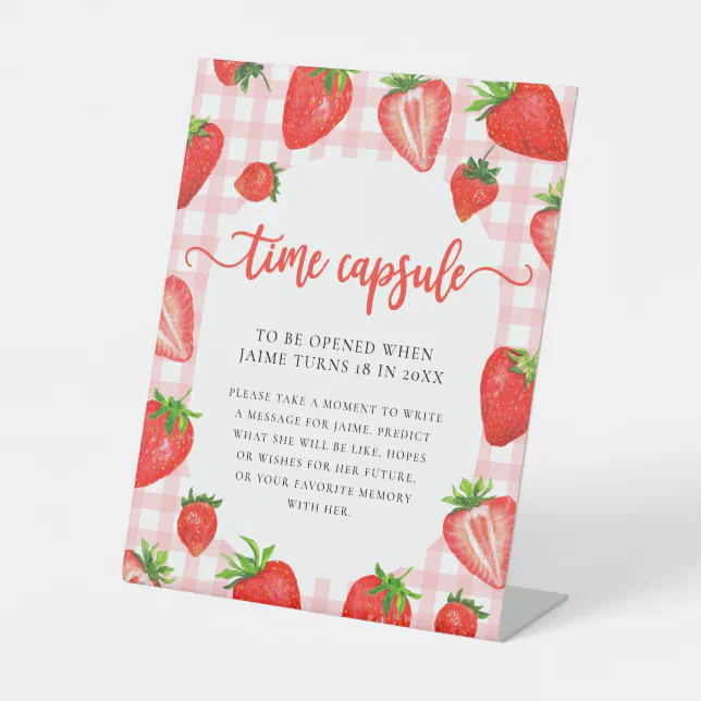 Time Capsule | Pink Strawberry Gingham Birthday Pedestal Sign | Zazzle