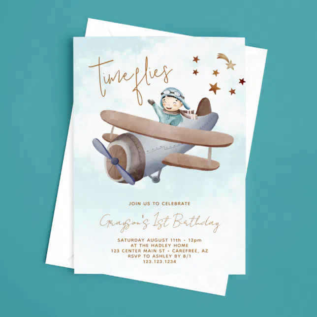 Time Flies Airplane Blue 1st Birthday Invitation | Zazzle