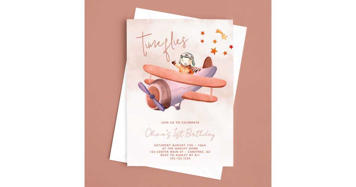 Time Flies Airplane Girl 1st Birthday Invitation | Zazzle
