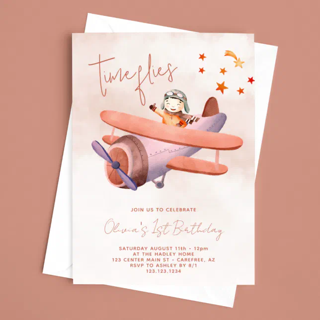 Time Flies Airplane Girl 1st Birthday Invitation | Zazzle
