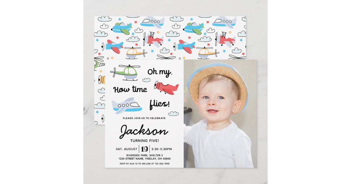 Time flies Airplane Helicopter Photo Birthday Invitation | Zazzle
