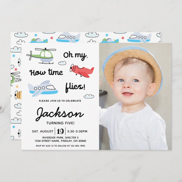 Time flies Airplane Helicopter Photo Birthday Invitation | Zazzle